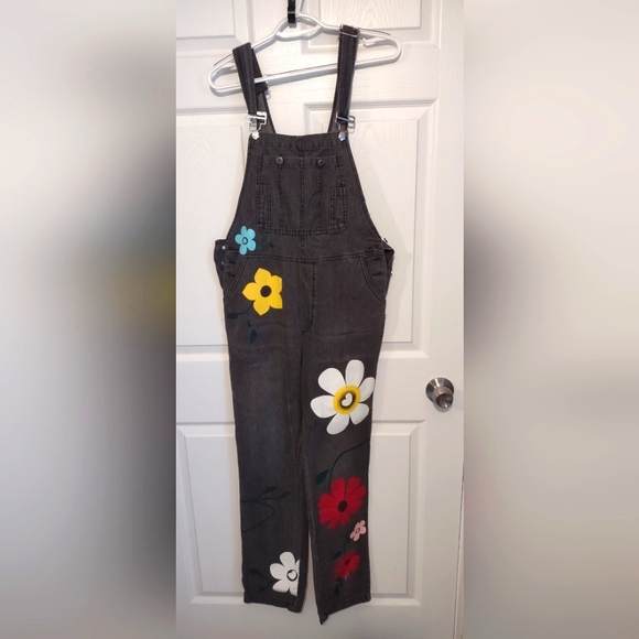 Jeans | Jeans | Faded Black Denim Overalls Floral Appliqu Retrohippy ...